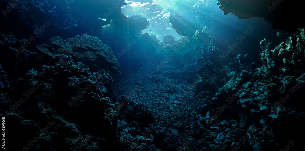 Underwater photo from a scuba dive inside caves and tunnels with rays ...
