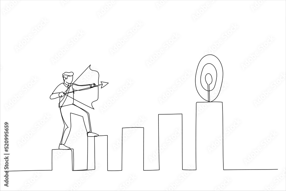 Cartoon of confidence businessman aiming his bow arrow to top of high ...