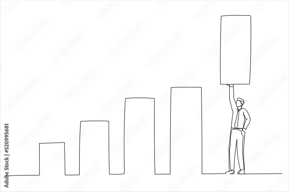 Drawing of confident businessman help lift up bar graph to new high ...