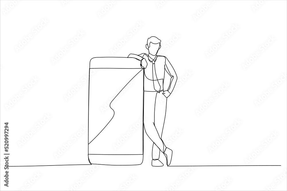 Drawing of casual guy standing and leaning on huge giant cell phone ...