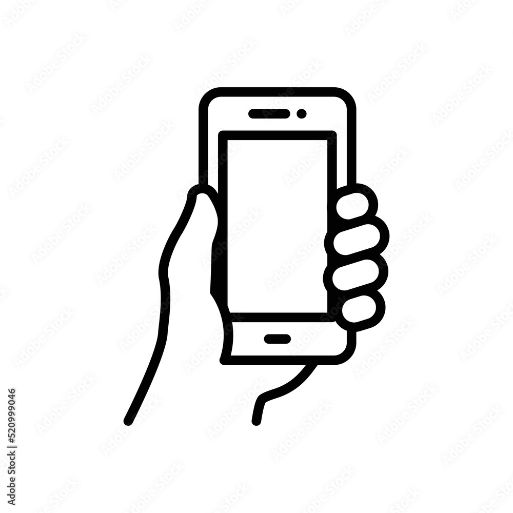 Hand holding smartphone icon. Simple outline style. Hold mobile phone ...