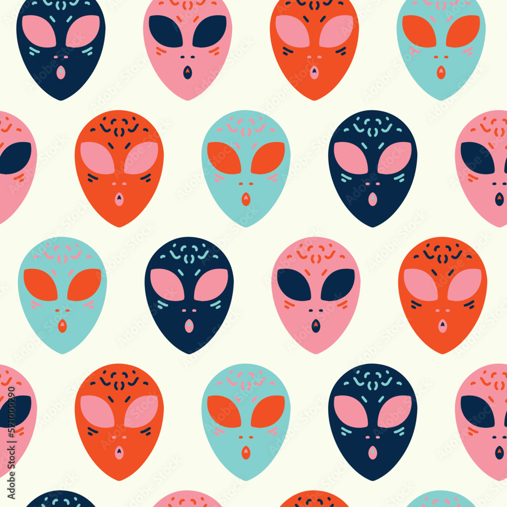 Colorful alien faces - retro seamless pattern design in vintage colors ...