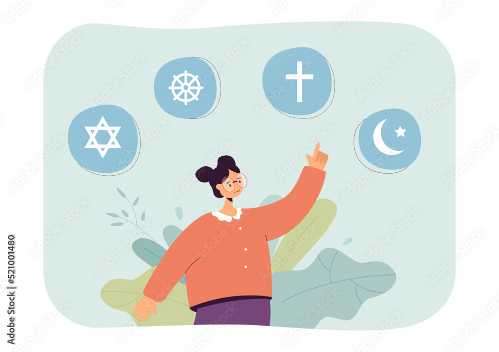 Cartoon girl pointing at symbols of different religions. Student with ...