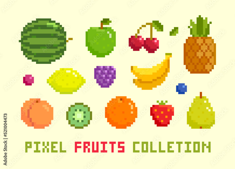 Pixel Art tropical Fruits vector set. Isolated pixel fruits in retro 8 ...