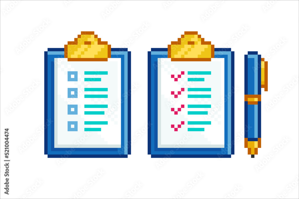 Pixel Art Note tasks isolated vector icon set. Checklist data in pixel ...