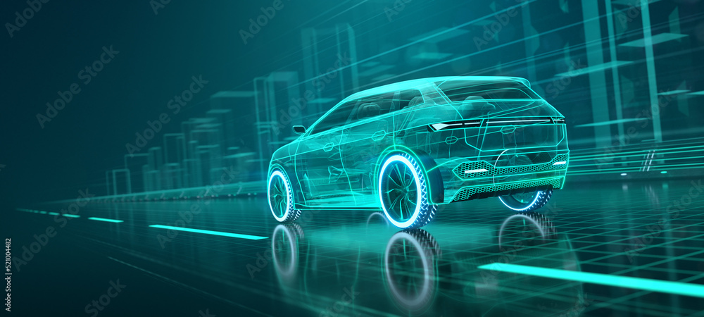 Riding wireframe car concept on the road and futuristic city on the ...