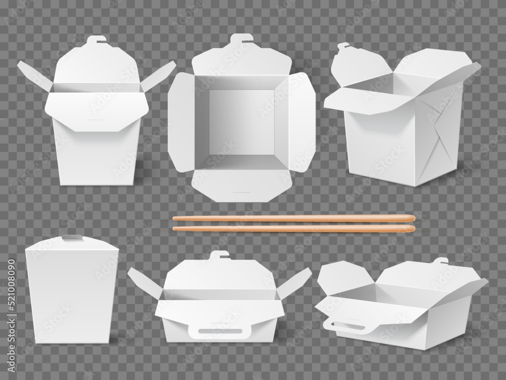 Realistic wok box. White cardboard pasta or noodles container template ...