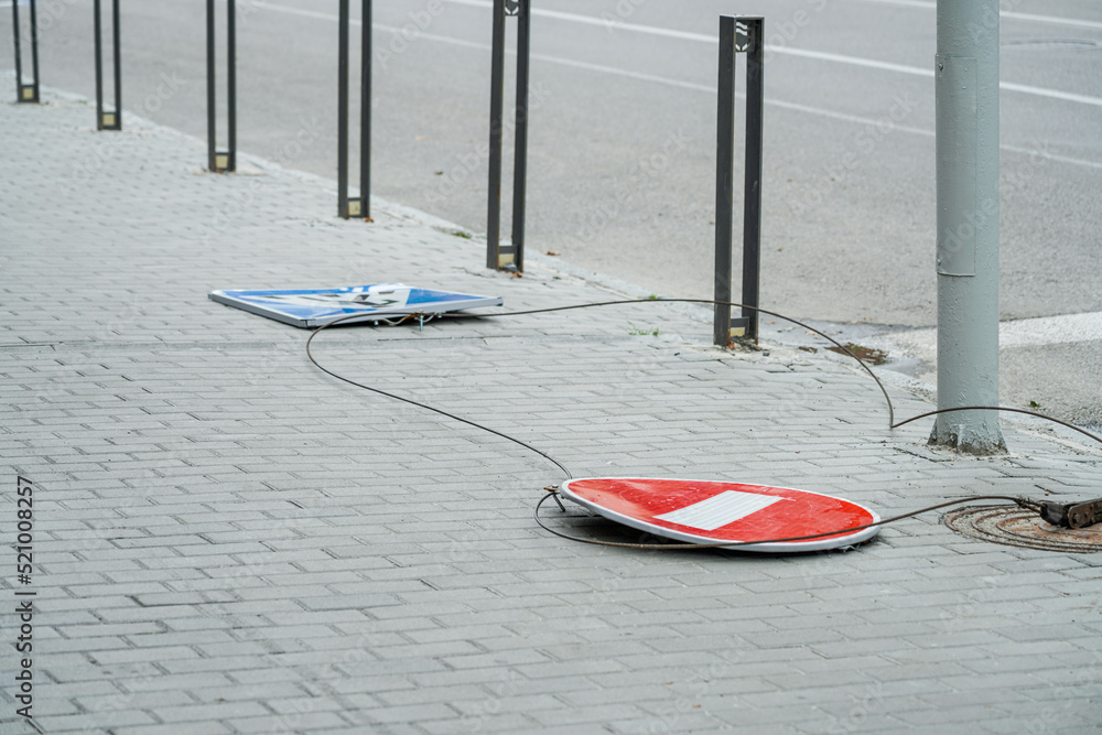 The road sign has fallen. The road sign is broken. Road. No travel ...
