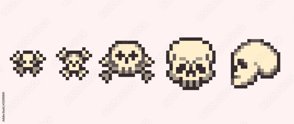 Human skull pixel art set. Pirate, horror symbols collection. Head ...