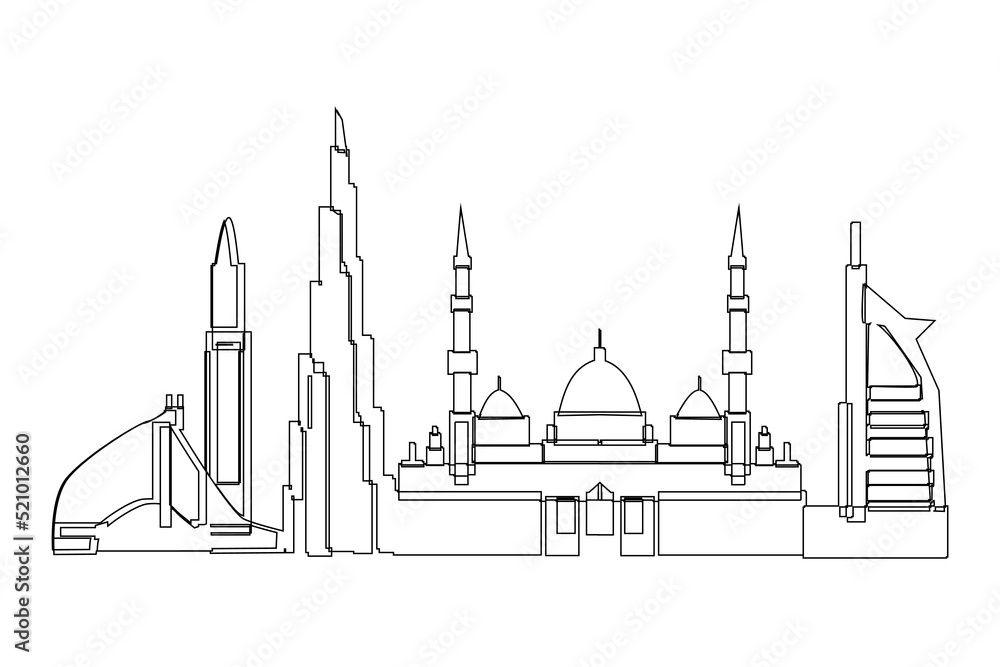 Dubai City skyline Line drawing. Vector illustration of Classic and ...