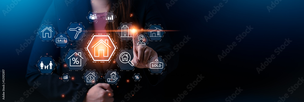 Real estate concept, Businessman or home broker with virtual hologram ...