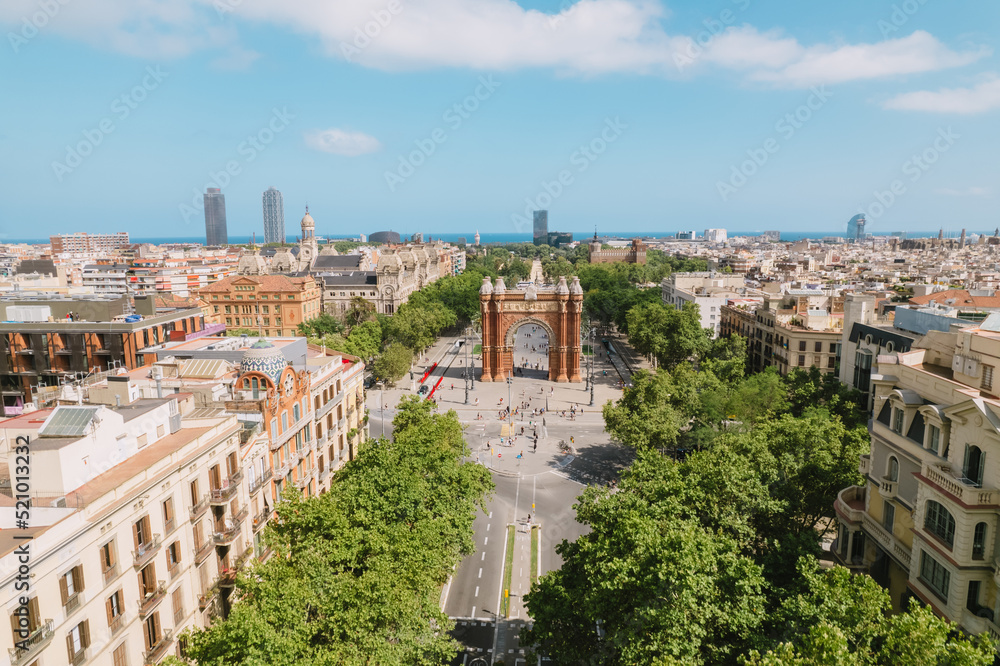 Aerial view of Barcelona Urban Skyline and The Arc de Triomf or Arco de ...