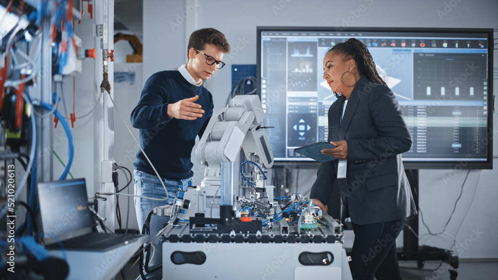Futuristic Design of AI Robot Hand. Black Engineer Telling About ...