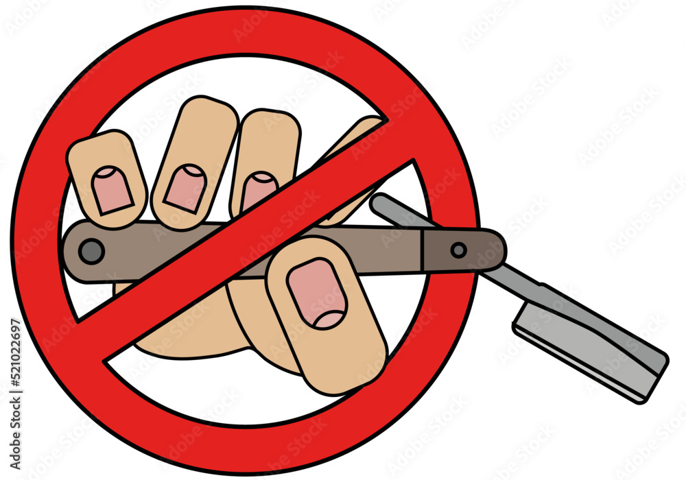 Hand holding a sharp blade, prohibition sign isolated on white ...