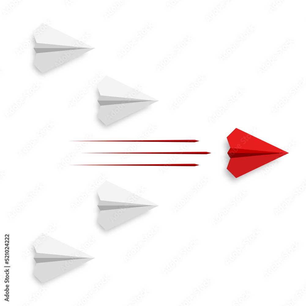 Flying paper airplanes. Red paper plane flies first. Vector ...