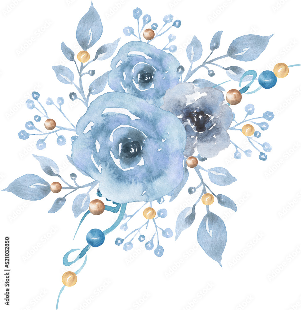 Watercolor floral bouquet illustration with blue flowers and leaves ...