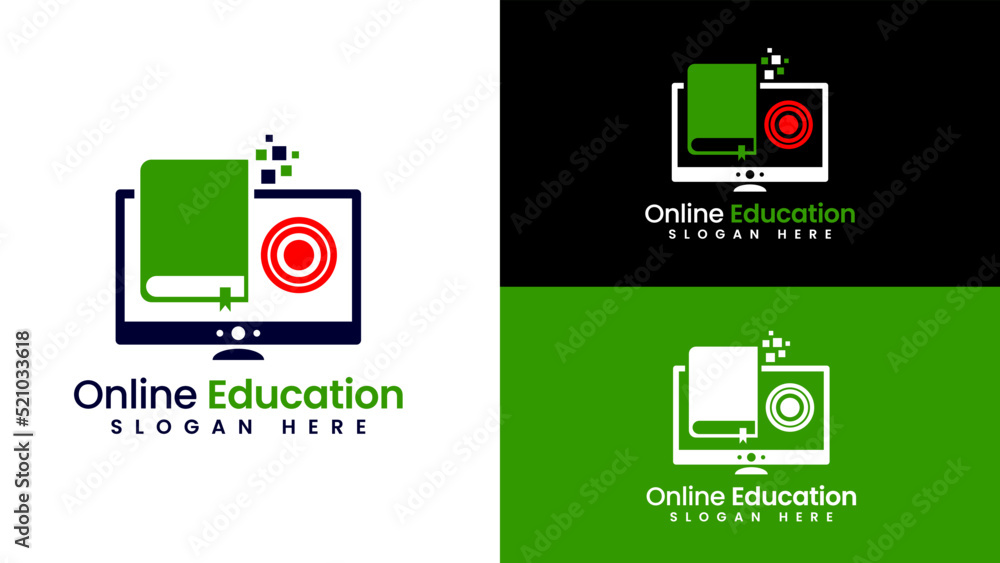 Online Education Logo Template. Computer monitor and open book vector ...