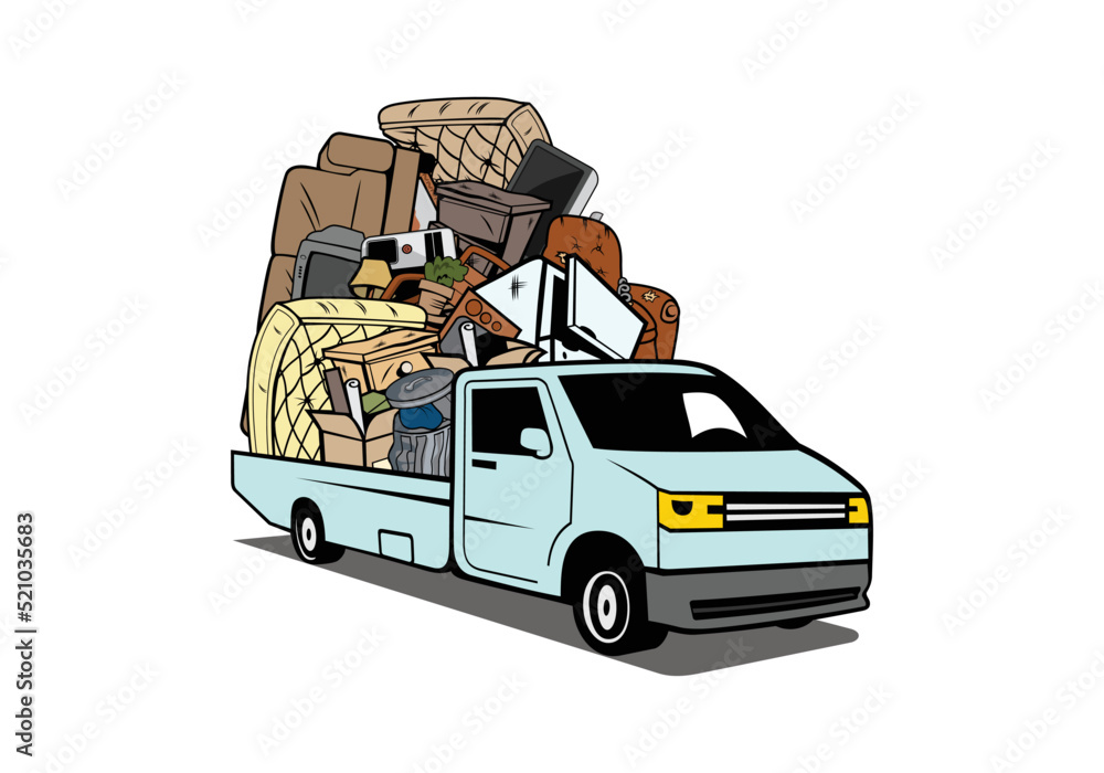 Cartoon pickup truck loaded full of household junk design illustration ...