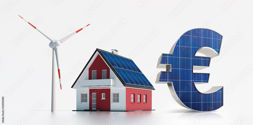 Toy house with solar panels and wind turbine and solar Euro symbol on ...