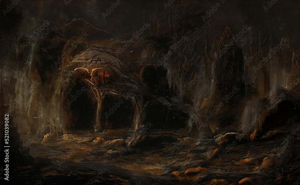 Scary fairy tale mystical forest. Twisted creepy trees, magical forest ...