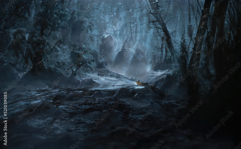 Scary fairy tale mystical forest. Twisted creepy trees, magical forest ...