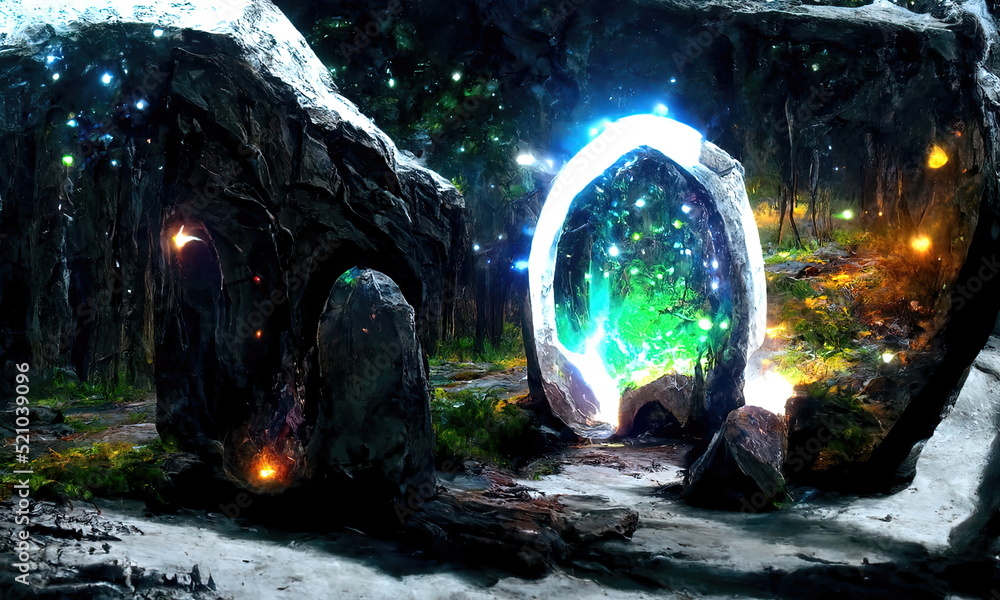 Fantasy Magical stone fairy-tale portal gate in the forest. Round stone ...