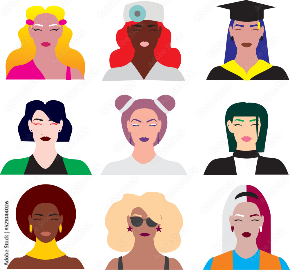 vector flat minimalistic illustration of girl lgbt lgbtq set 9 portrait ...