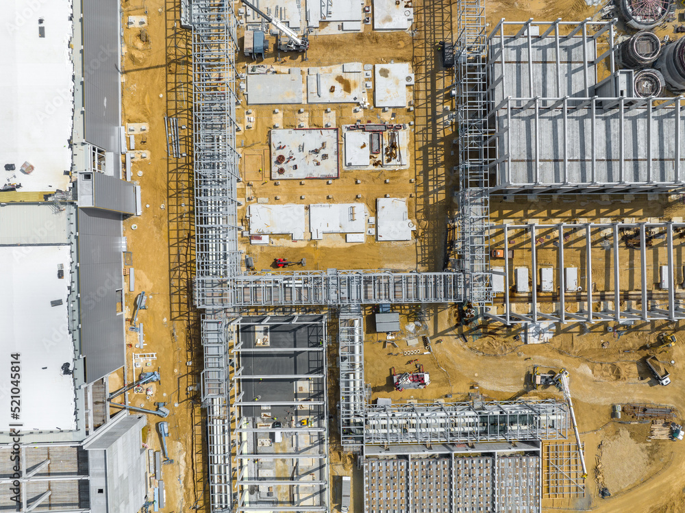 Construction Site. Aerial Photo of Busy Industrial Plant under ...