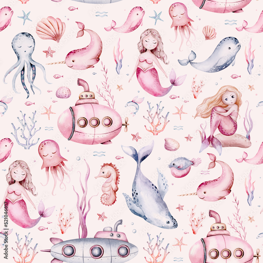 Watercolor sea seamless pattern with snorkeling mermaids, corals ...
