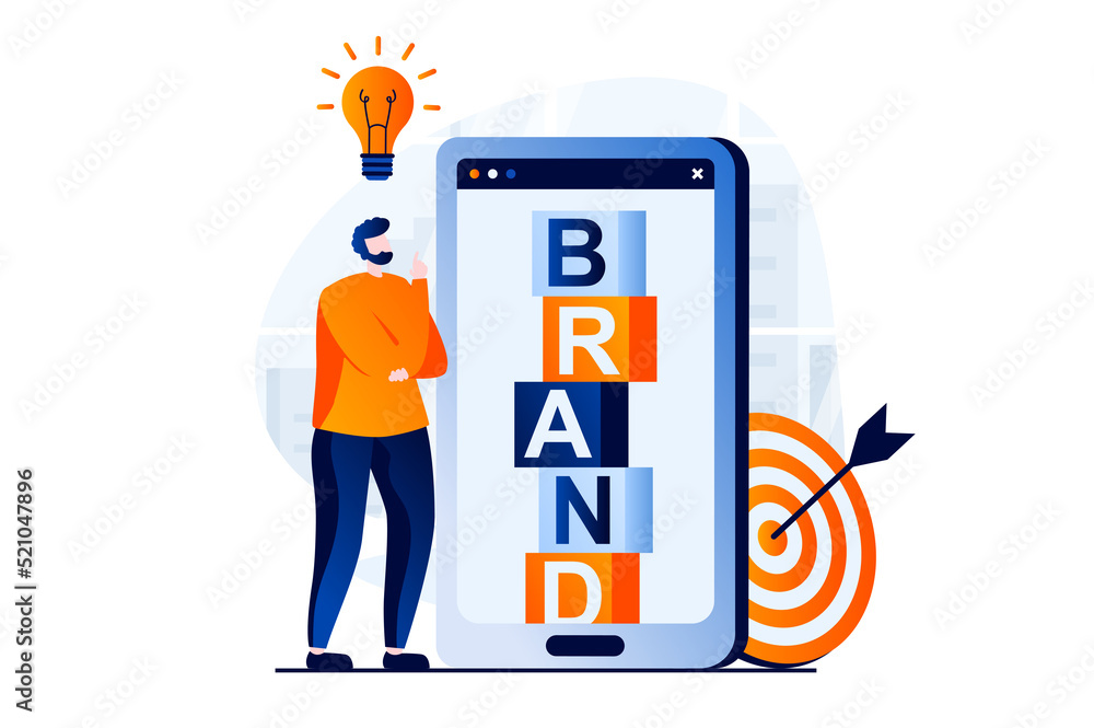 Branding team concept with people scene in flat cartoon design. Man ...