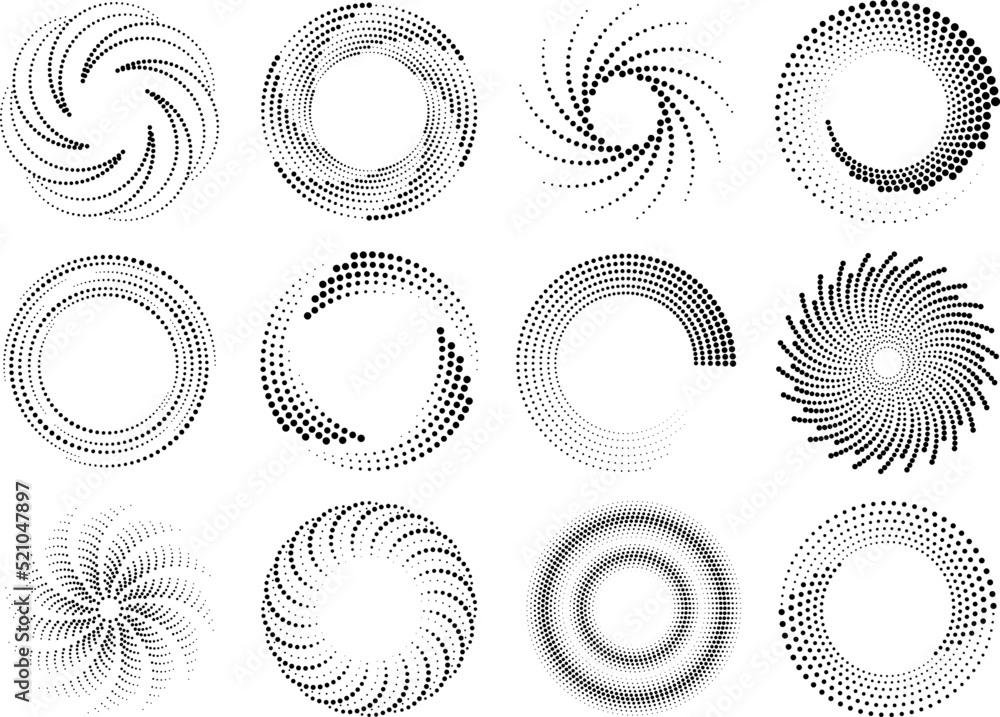 Circle dotted speed lines halftone effect. Round movement spirals ...