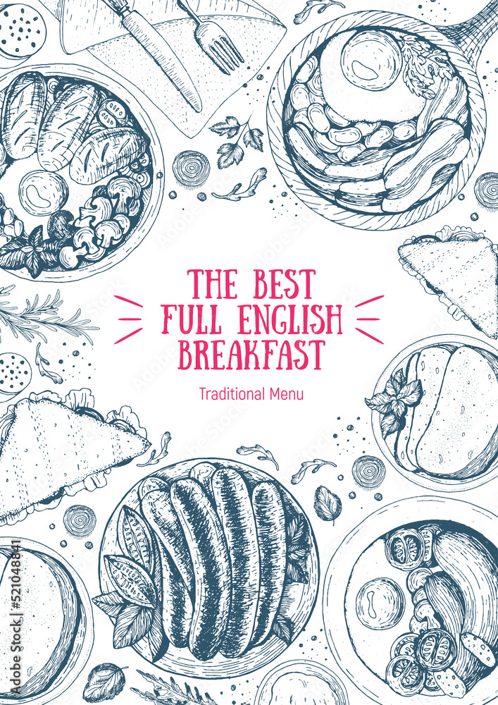 English breakfast top view frame. English food menu design. Vintage ...