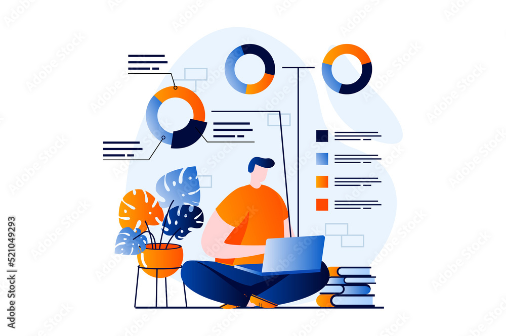 Data analysis concept with people scene in flat cartoon design. Man ...