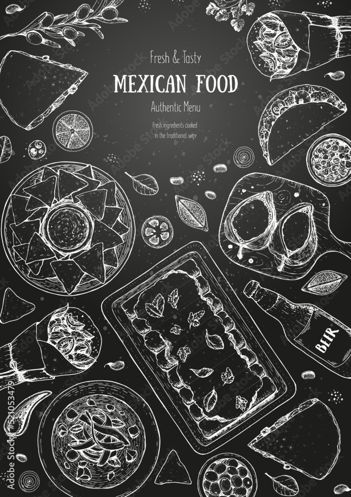 Mexican food top view frame. A set of classic mexican dishes with tacos ...