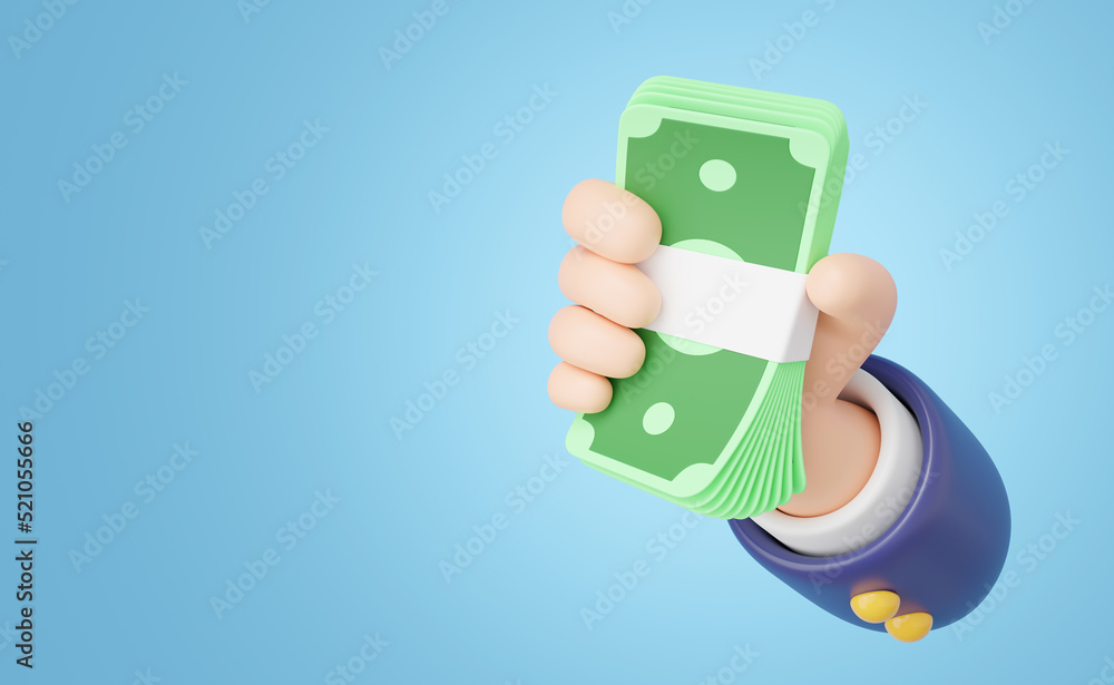 3D Hand holding bundle banknote icon. Cartoon businessman wearing suit ...