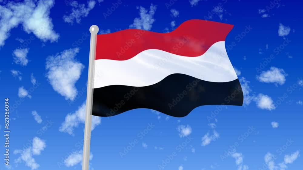 National flag flying animated in the blue sky, yemen flying flag wave ...