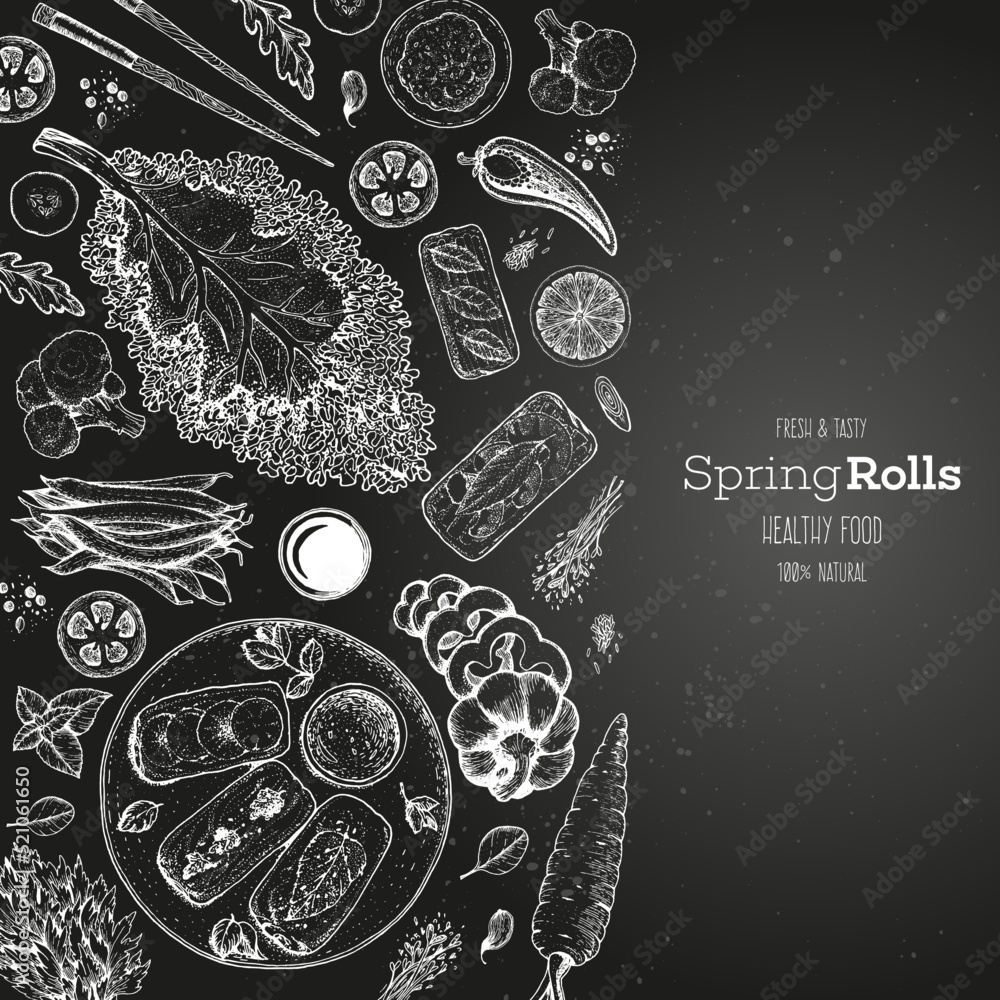Asian food menu design template. Spring rolls and ingredients for ...