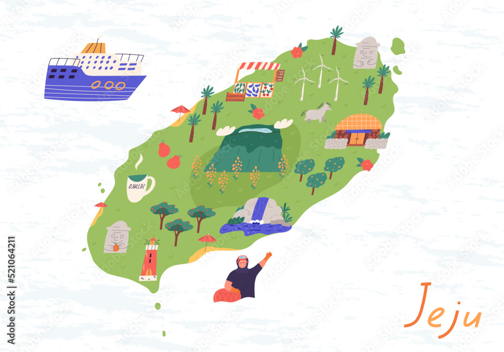 Korean Jeju island map with landmarks and cute elements, cartoon flat ...