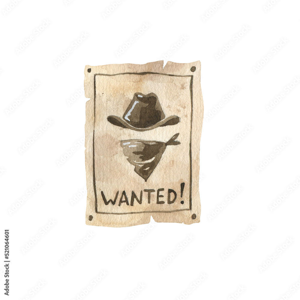Leaflet "Wanted" drawing Wild West. Watercolor hand-drawn illustration ...