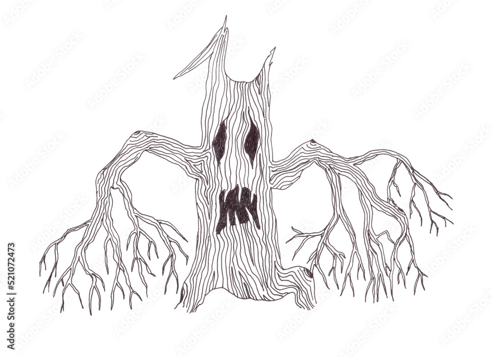 Black and white illustration of scary halloween tree with branches ...