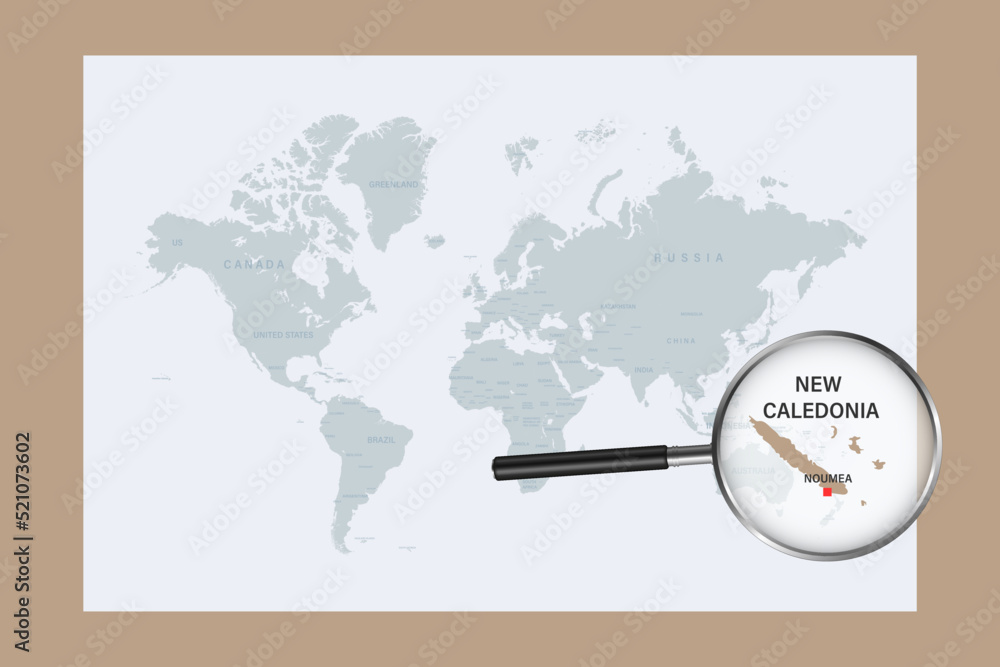 Map of New Caledonia on political world map with magnifying glass Stock ...