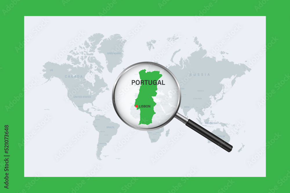 Map of Portugal on political world map with magnifying glass Stock ...
