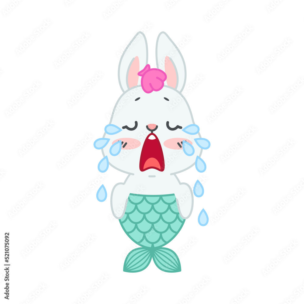Cute little rabbit with a mermaid tail. Flat cartoon illustration of a ...