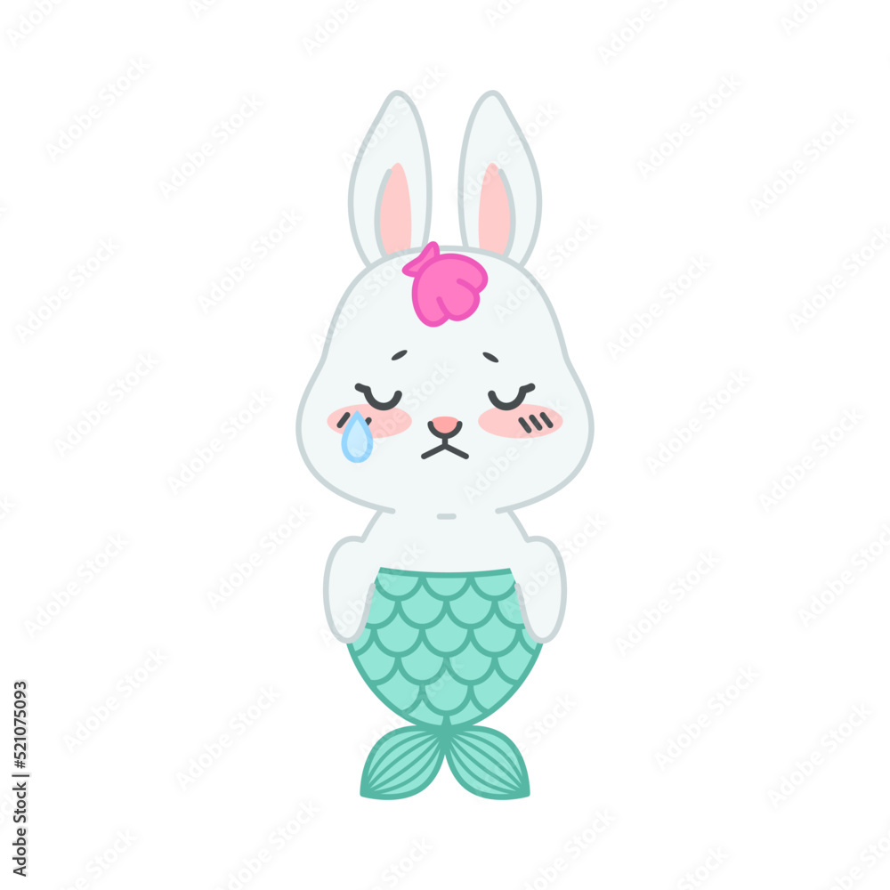 Cute little rabbit with a mermaid tail. Flat cartoon illustration of a ...