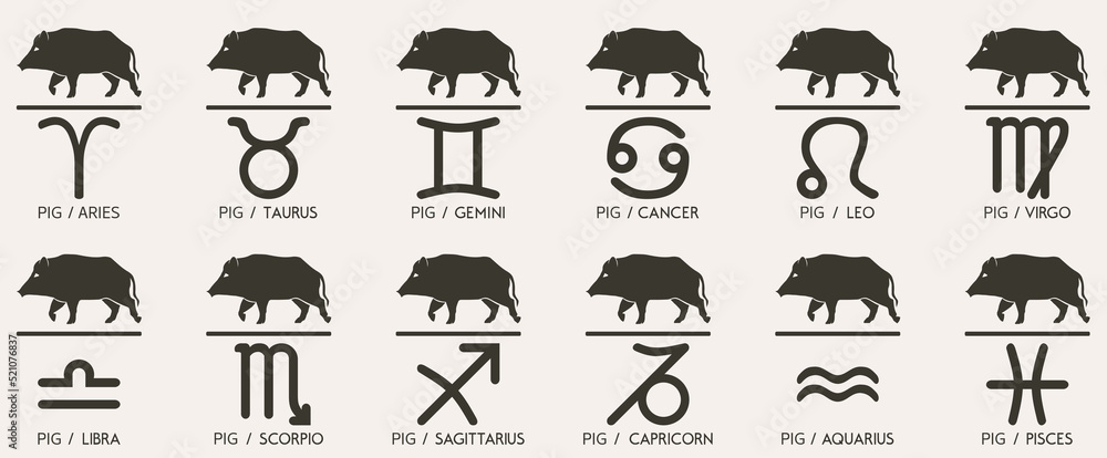 Vector Year of the pig boar swine hog Animal icons eastern annual ...