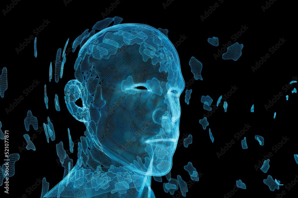 holographic image of a person's face. modern technologies. illuminated ...