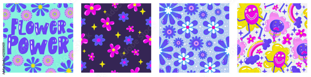 Vetor de Daisy flower power poster set for print design. Abstract ...