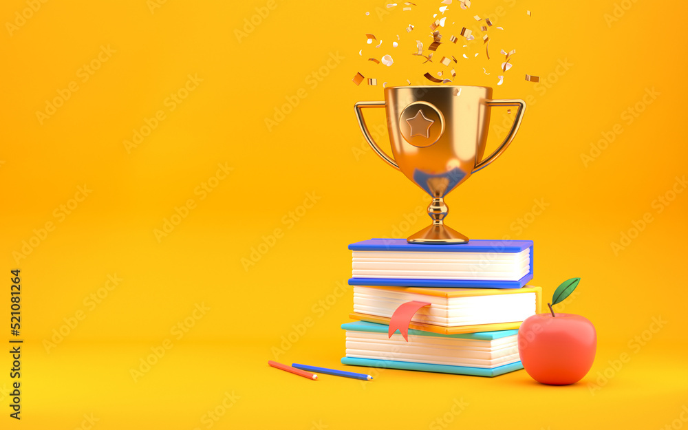 Books stack apple golden trophy award with falling confetti on yellow ...
