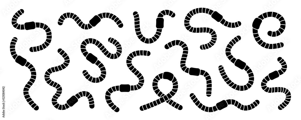 Curled earthworms silhouette set. Terrestrial annelids worms ...