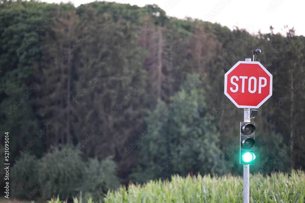 Green traffic light with red stop sign on metal pole, rural traffic ...